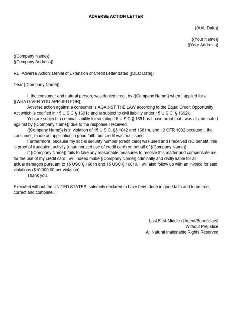 Adverse Action Denial of Credit Letter | PDF