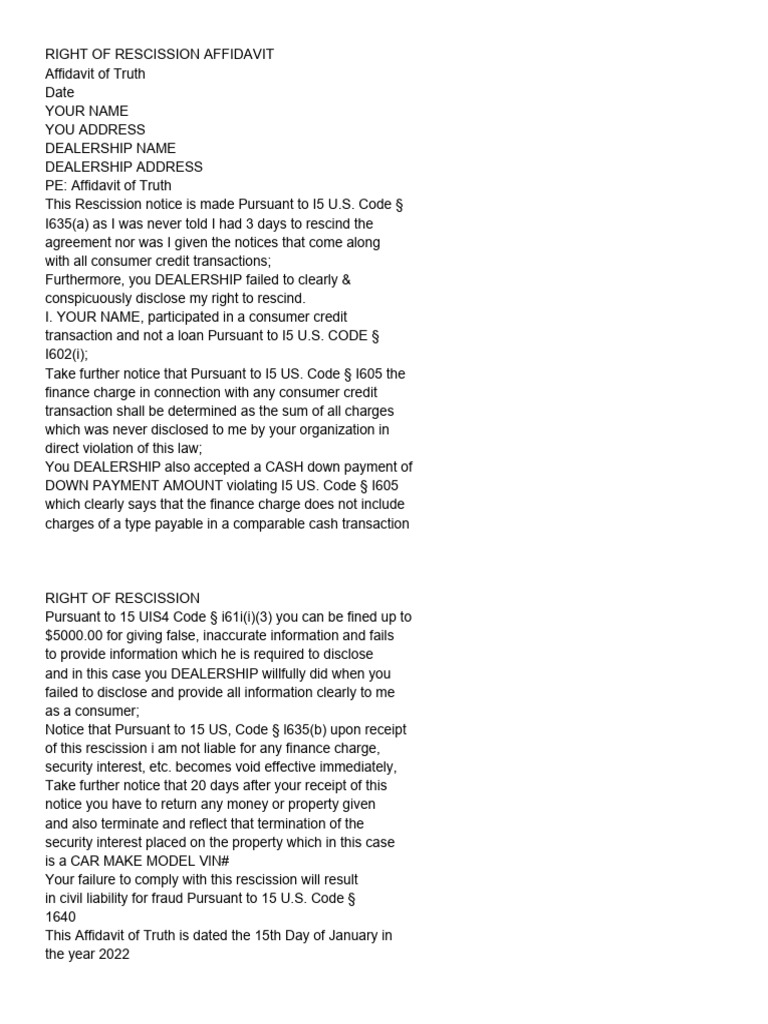 Consumer Credit Rescission Notice | PDF | Law