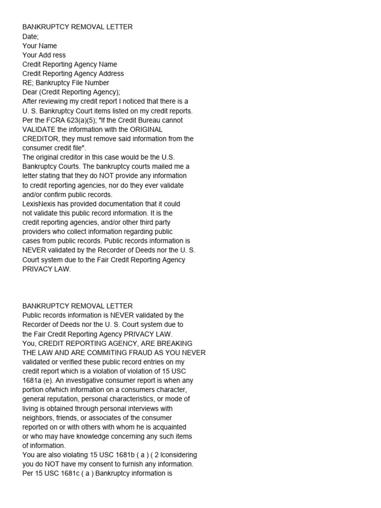 Bankruptcy Removal Letter | PDF | Credit History | Bankruptcy