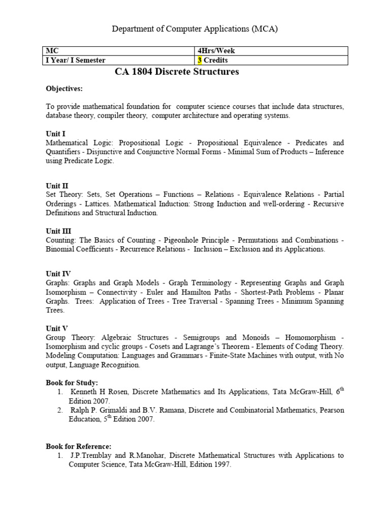 CA 1804 Discrete Structures: Department of Computer Applications (MCA ... CA 1804 Discrete Structures: Department of Computer Applications (MCA ...