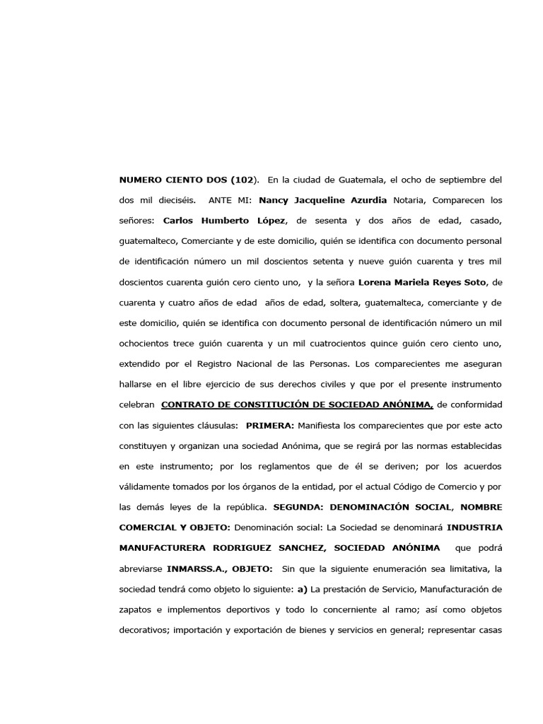 Contrato de Constitucion de Sociedad Anónima | Descargar gratis PDF | Sociedad de ...