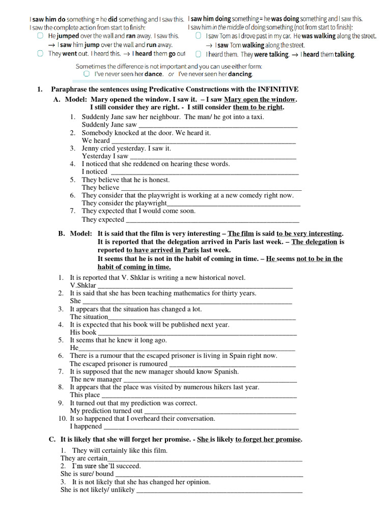 Predicative Construction With The Infinitive Additional Exercises | PDF