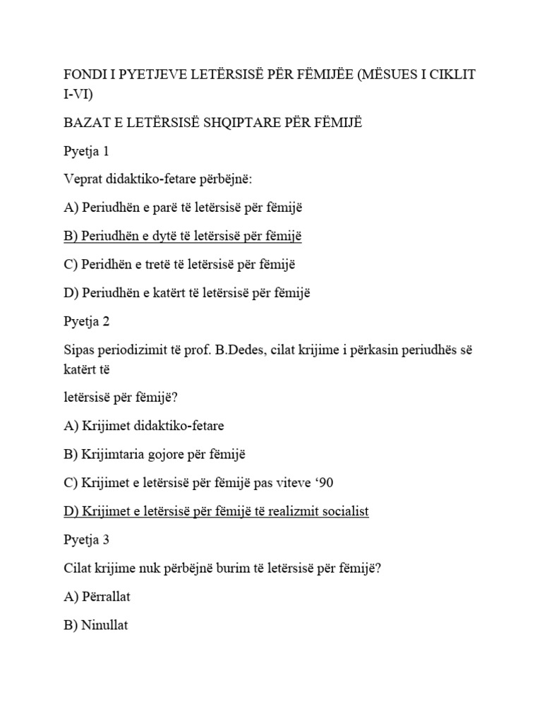 Pyetjet e Letersise Per Femije | PDF