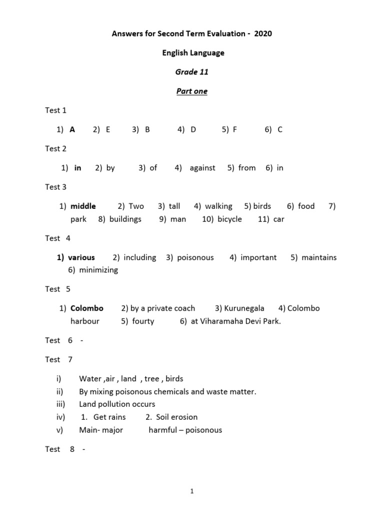 Grade 11 English Answer Key 2020 | PDF