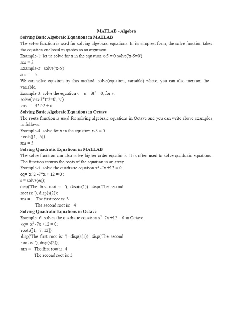 MATLAB - Algebra | PDF | Equations | System Of Linear Equations