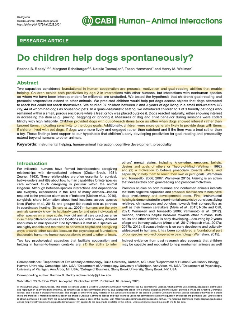 Reddy Et Al 2023 Do Children Help Dogs Spontaneously | PDF | Dogs ...
