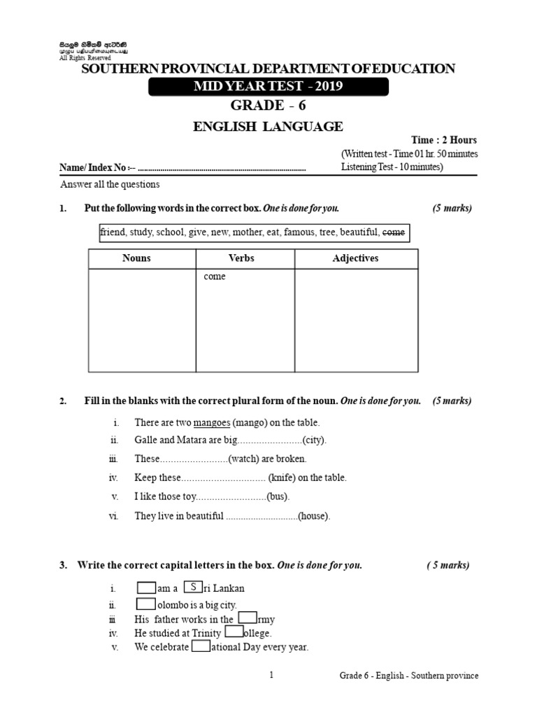 Grade 6 English Mid-Year Test 2019 | PDF | English Language | Linguistics