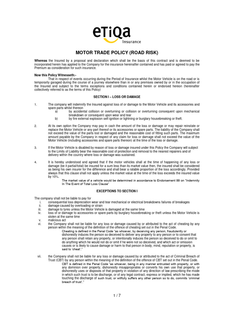 Etiqa - Motor Trade (Road Risk) | PDF | Indemnity | Insurance