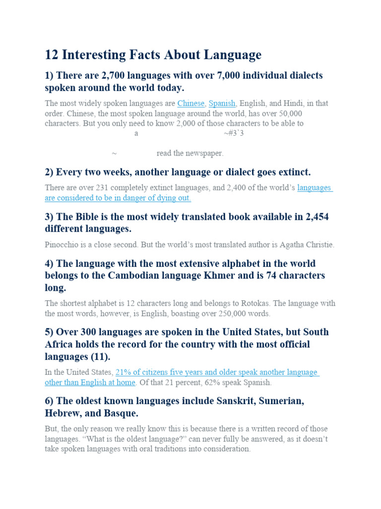 12 Intresting Facts About Languages | PDF | Human | English Language