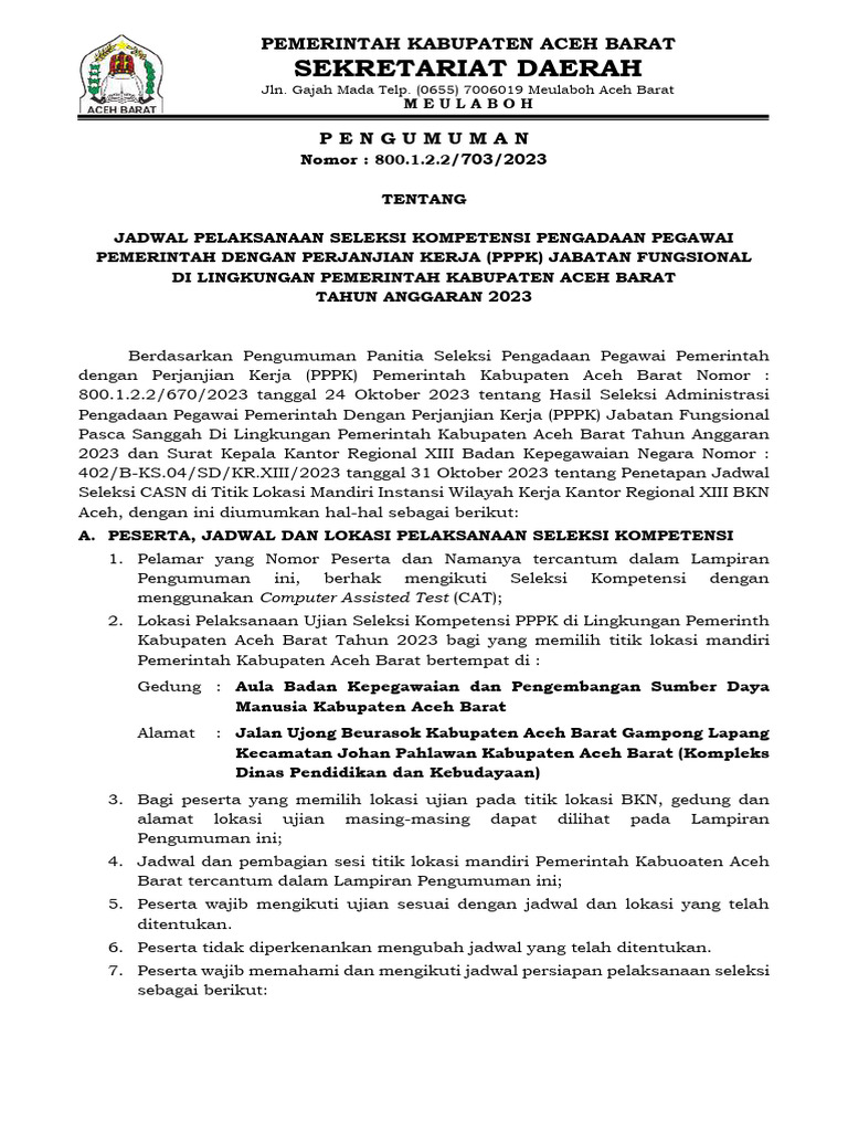 Pengumuman Jadwal Pelaksanaan Seleksi Kompetensi PPPK 2023 | PDF