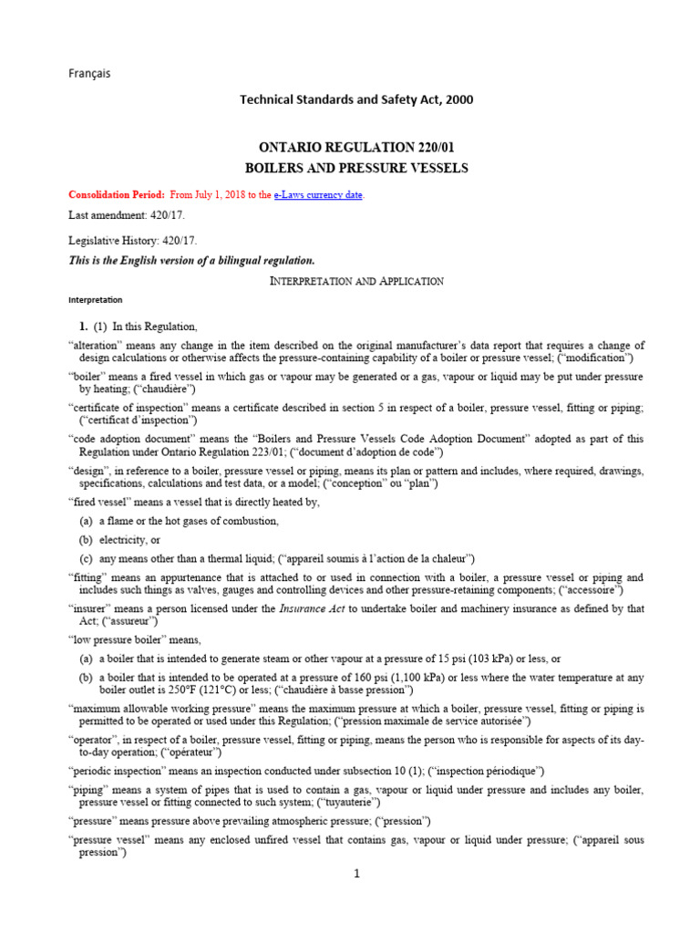 O. Reg. 22001 BOILERS AND PRESSURE VESSELS | PDF | Boiler | Pipe (Fluid ...