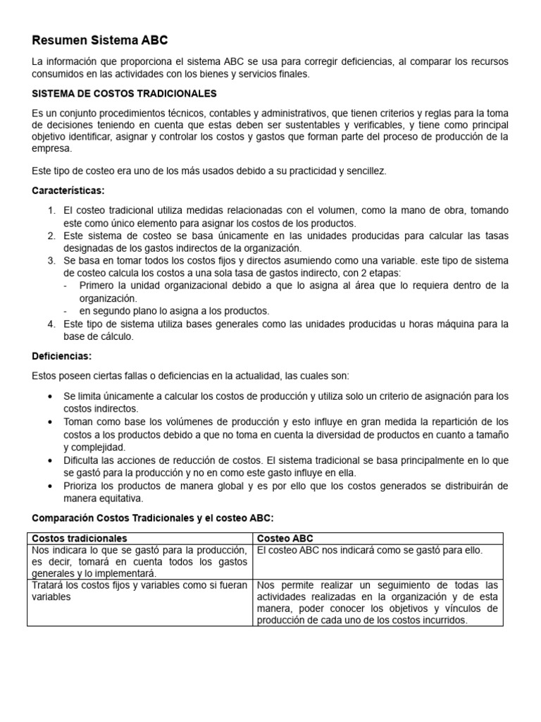 Resumen Sistema ABC | PDF | Presupuesto | Business