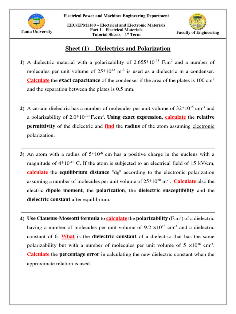Sheet (1) - Dielectrics and Polarization | Download Free PDF ...