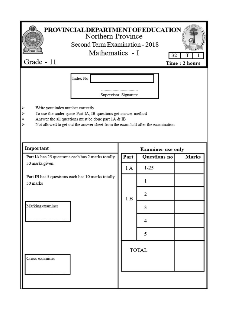 Mathematics - I Grade - 11 Northern Province: Second Term Examination ...