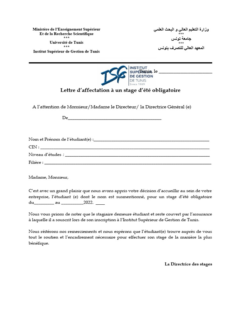 Lettre D'affectation À Un Stage D'été Obligatoire 2022 | PDF