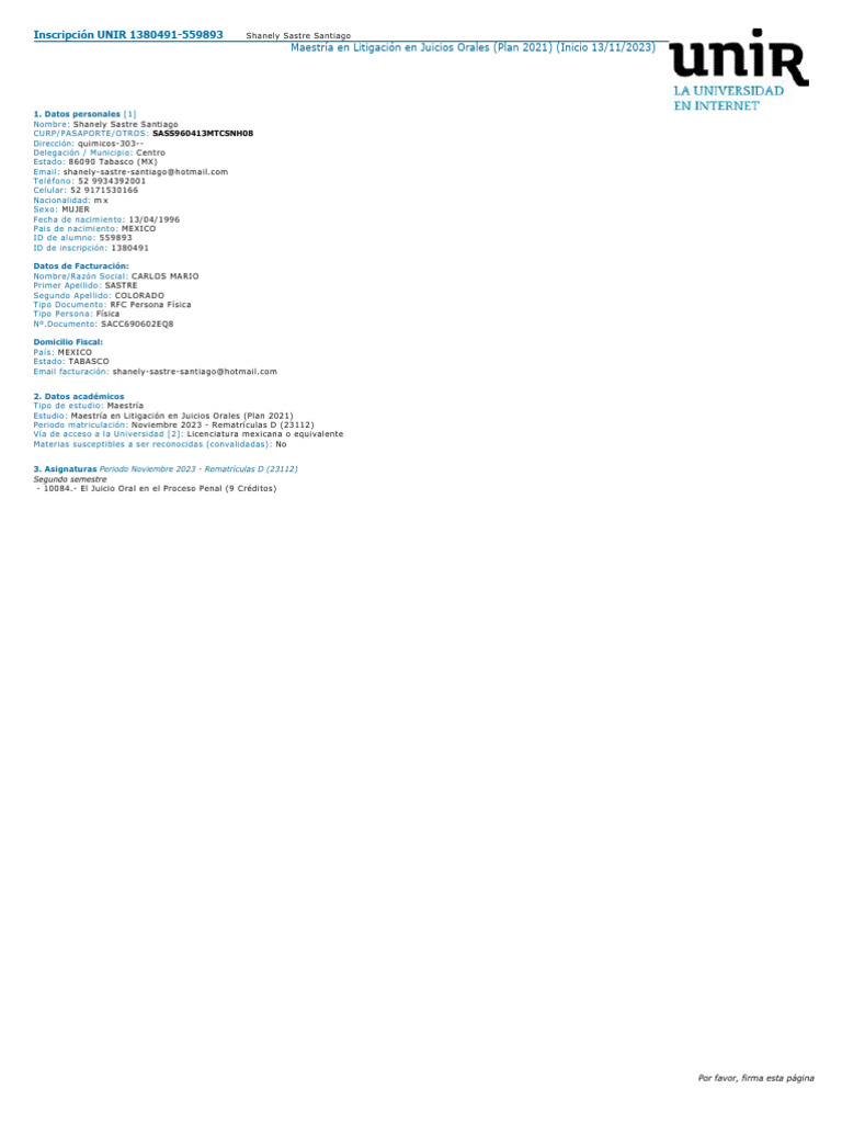 Borrador Matricula Unir 1380491 559893 Alumno 09112023 | PDF