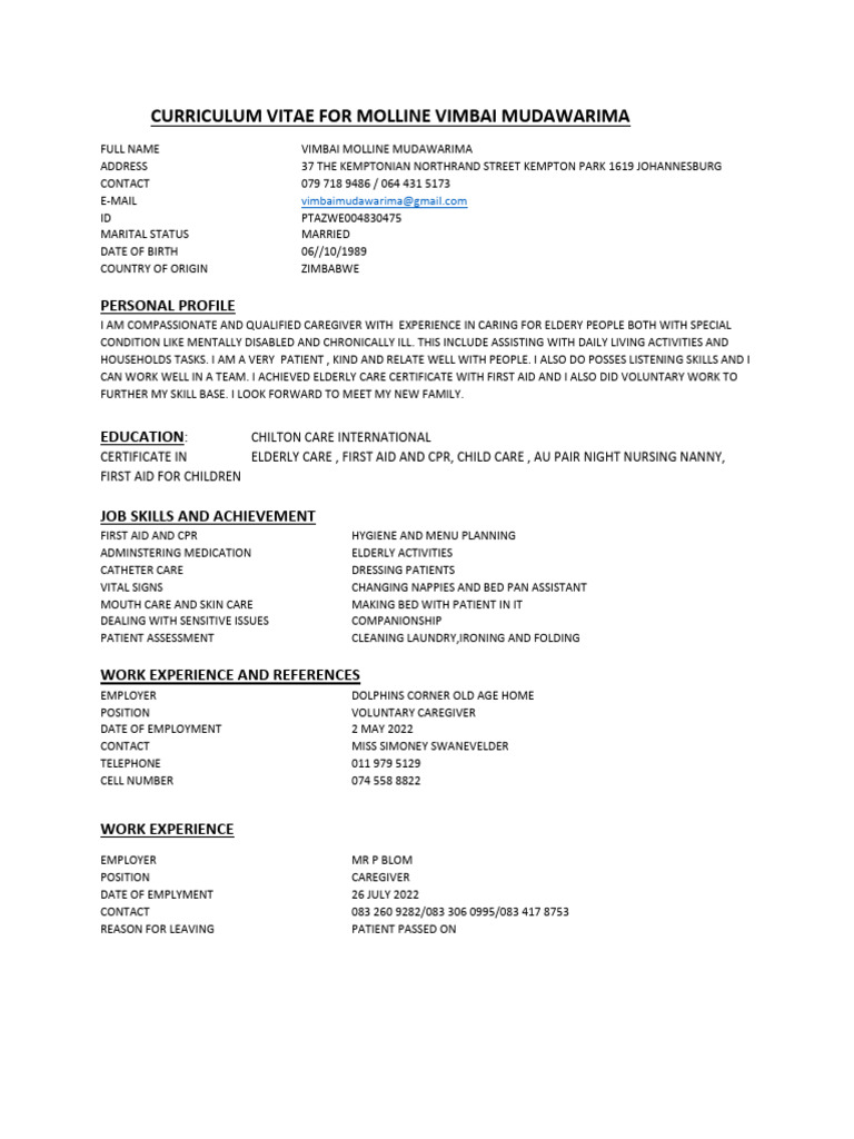 Curriculum Vitae For Molline Vimbai Mudawarima | PDF