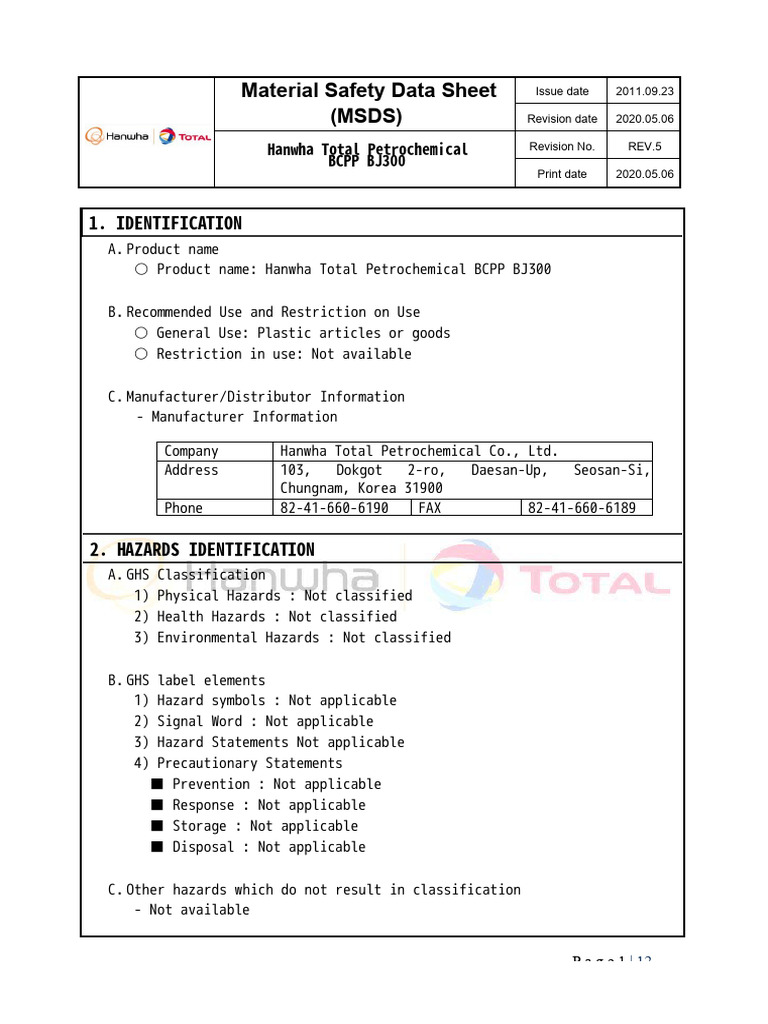 MSDS BJ300 en | Download Free PDF | Dangerous Goods | Waste Management