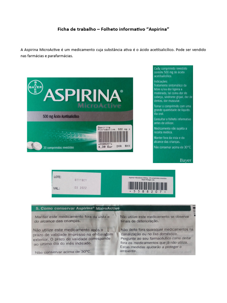 Ficha Trabalho Aspirina | PDF | Aspirina | Medicina Clínica