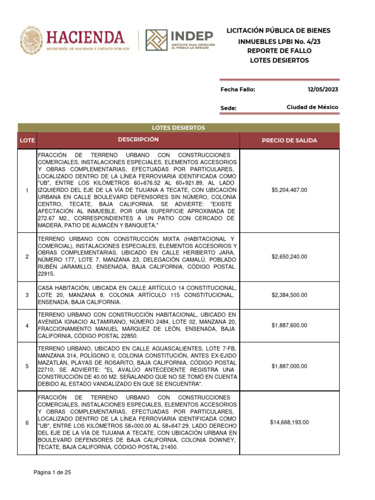 Lotes Desiertos LPBI 04-23 | PDF | México | Ciudad de México