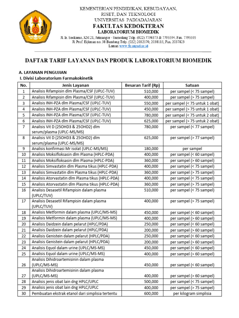 2022 - Daftar Tarif Layanan Lab Biomedik FK Unpad - TTD KALAB - FIX ...