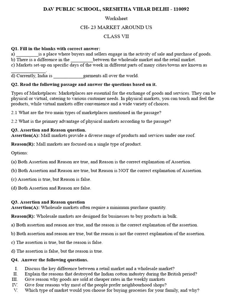 Market Around Us: Class 7 Worksheet | PDF | Retail | Service Industries