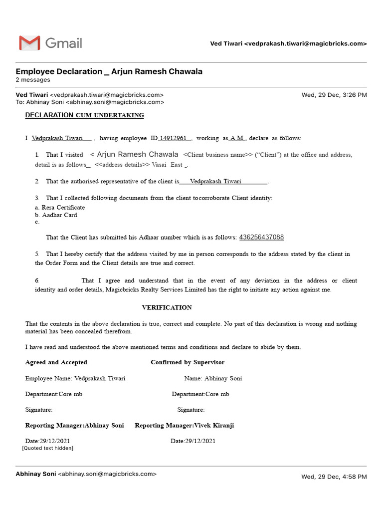 Employee Declaration - Arjun Ramesh Chawala | PDF Employee Declaration - Arjun Ramesh Chawala | PDF