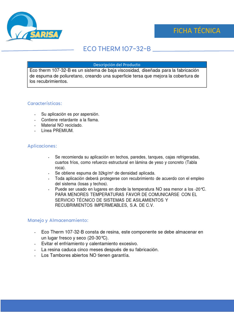 FICHA TECNICA ECO THERM 107-32 | PDF | Espuma | Poliuretano