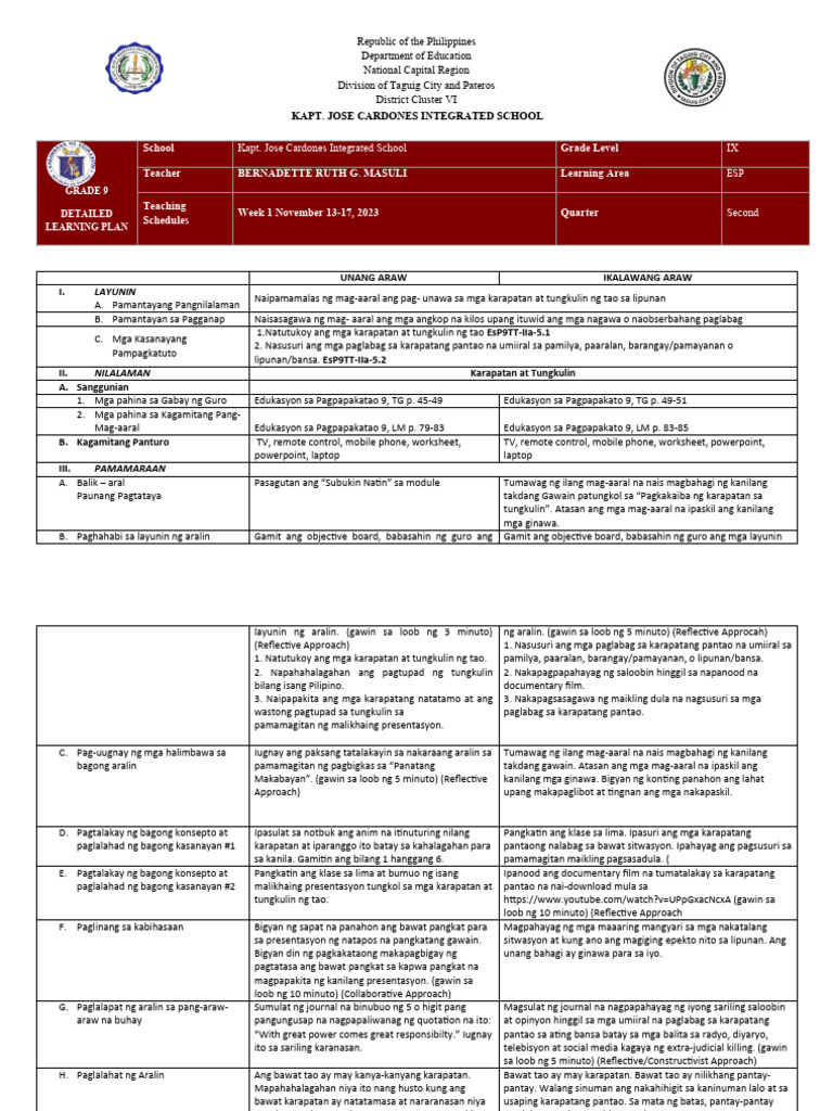 DLL ESP - WEEK 1. Q2 - November 13 To 17 | PDF