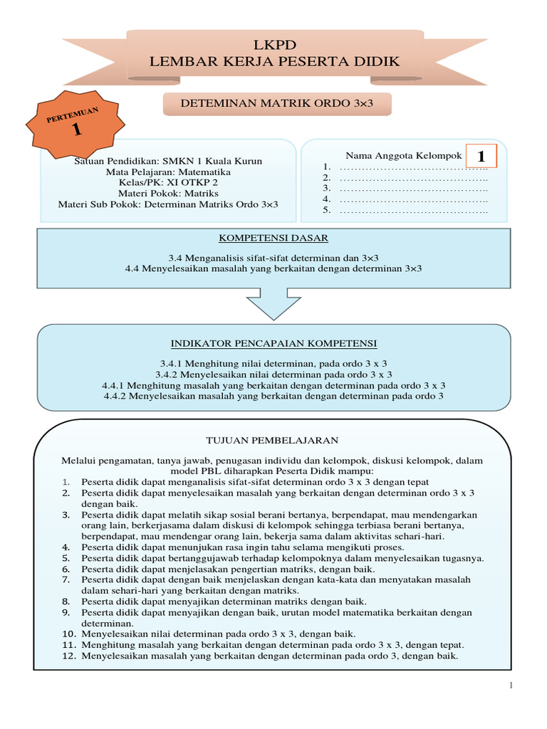 LKPD Determinan Matriks Berordo 3x3 | PDF