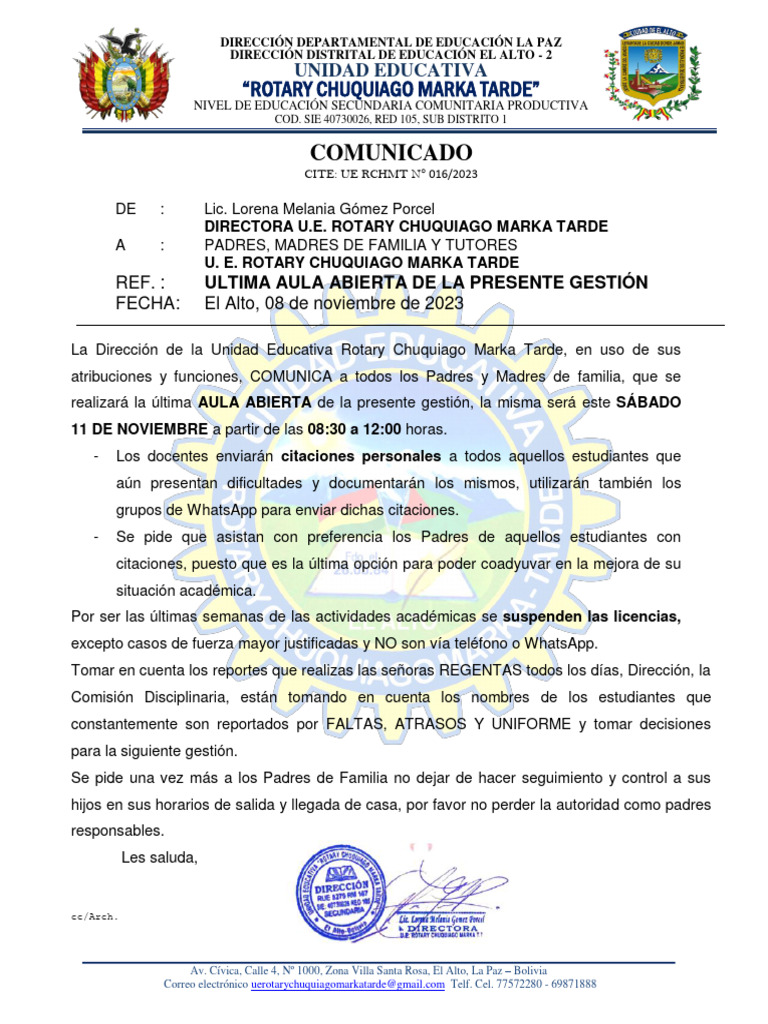 Comunicado #16 Ultima Aula Abierta | PDF