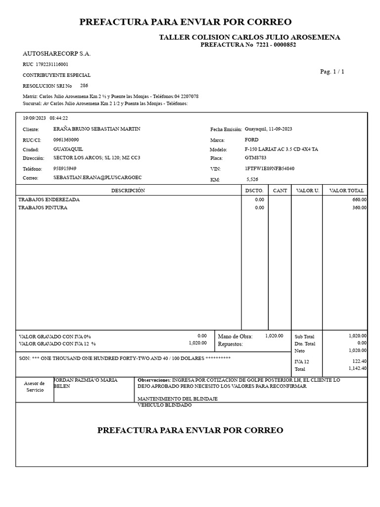 Prefactura para Enviar Por Correo: Taller Colision Carlos Julio Arosemena | PDF