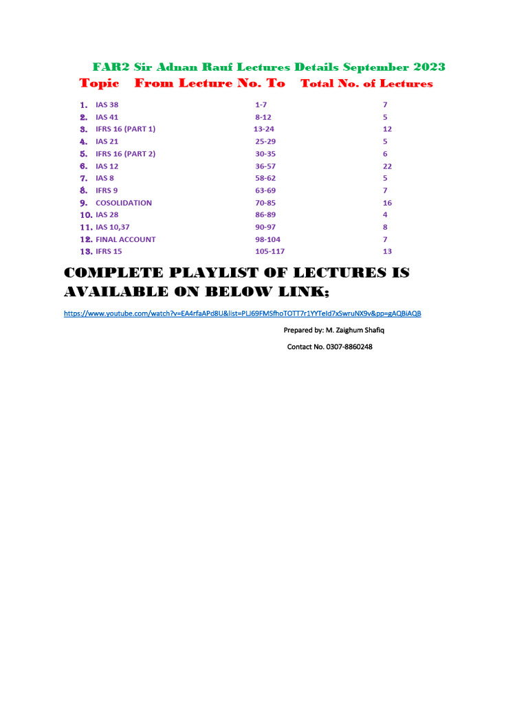 FAR2 Lecture Schedule by Sir Adnan Rauf | PDF