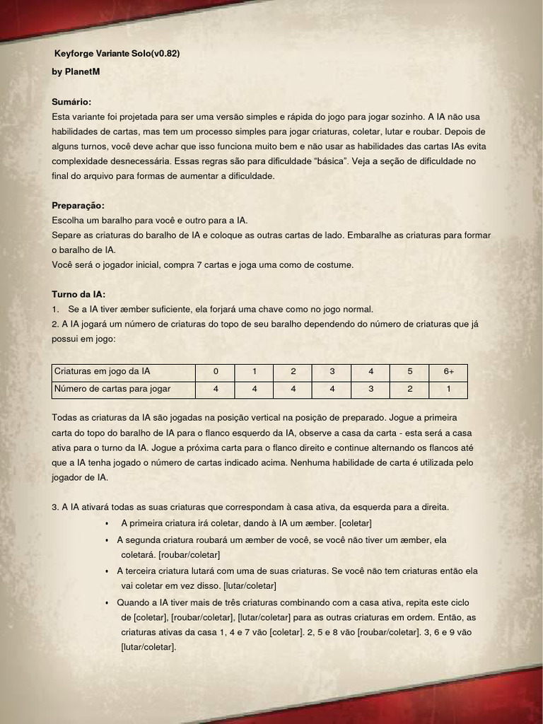 Keyforge Solo: Regras Básicas e Dificuldade | PDF | Cartas de baralho