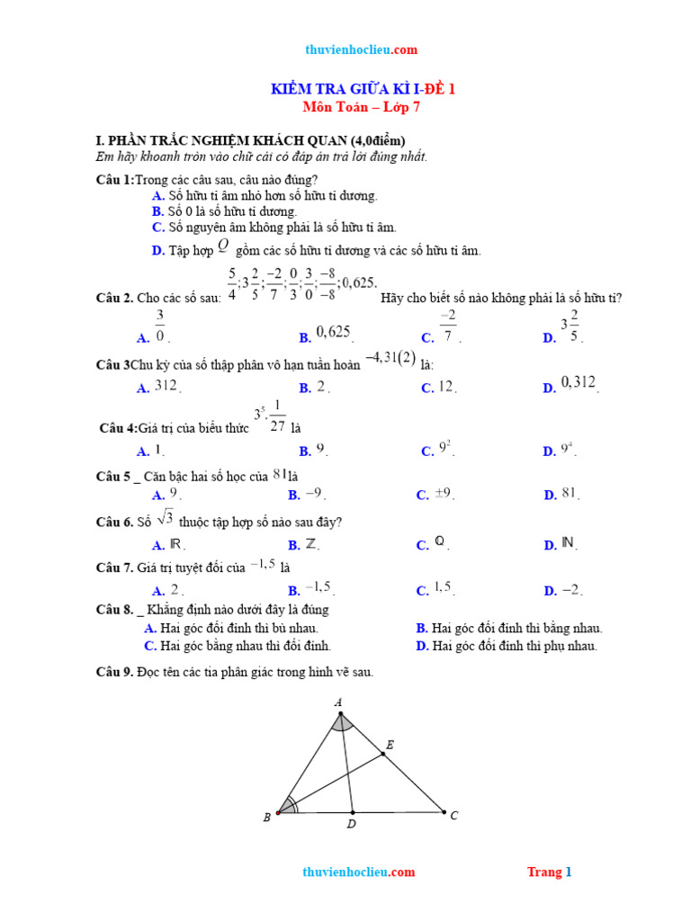 Bo de Thi Giua HK1 Mon Toan 7 Nam 2022 2023 Co Dap An | PDF