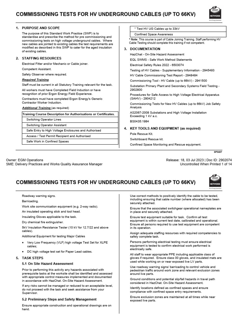 Commissioning Tests For HV Cables Up To 66kV SWP 2902074 | PDF ...