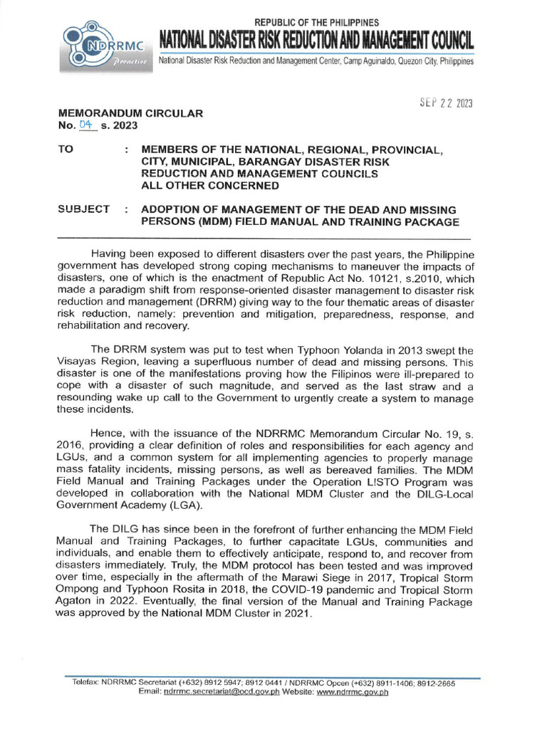 NDRRMC Memorandum Circular No 04 S 2023 | PDF