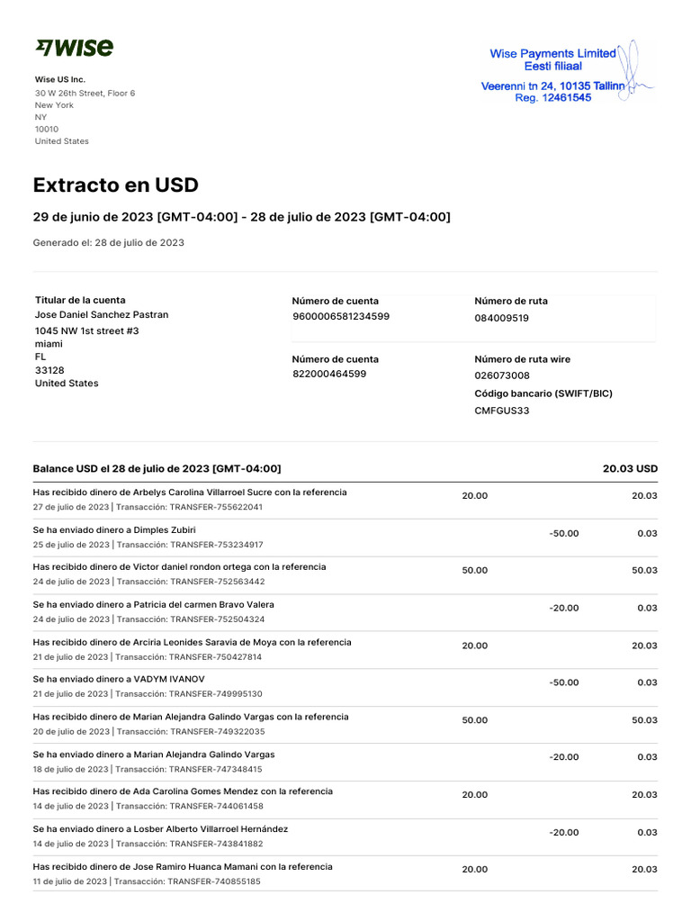 Extracto de Cuenta Wise Julio 2023 | PDF