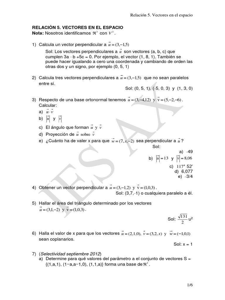RELACIÓN 5. VECTORES EN EL ESPACIO | PDF | Vector Euclidiano | Álgebra lineal