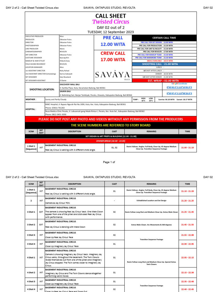 Call Sheet Twisted Circus SAVAYA X OKTA X REVOLTA - D2 | PDF | Entertainment Venues | Entertainment