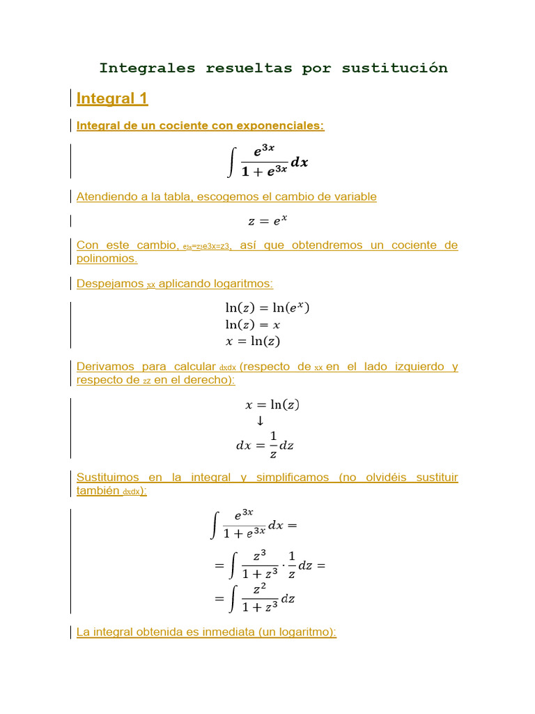 Metodo De Integracion Por Sustitucion Ejemplos Resueltos Pdf