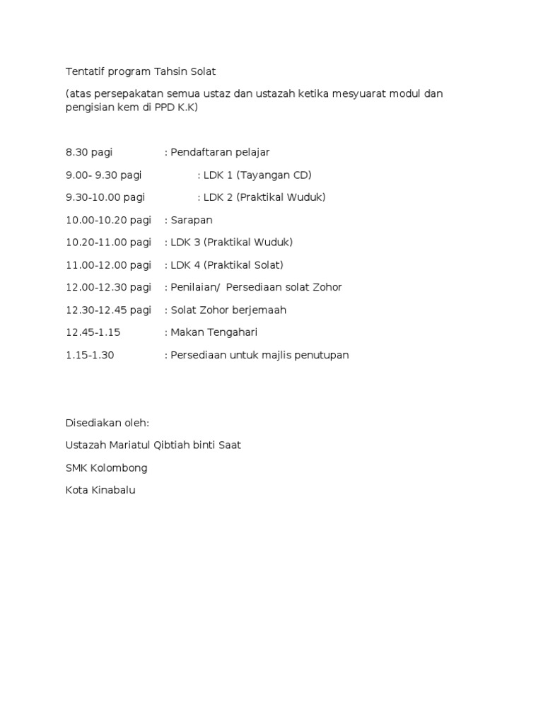 Tentatif Program Tahsin Solat 2011 | PDF