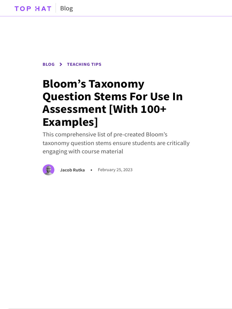 Bloom's Taxonomy Question Stems For Use in Assessment (With 100 ... Bloom's Taxonomy Question Stems For Use in Assessment (With 100 ...