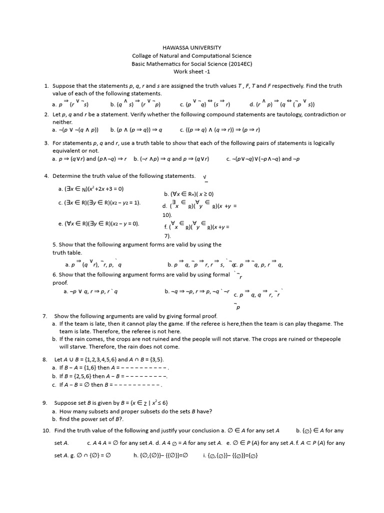 Work Sheet 1 | PDF | Argument | Empty Set
