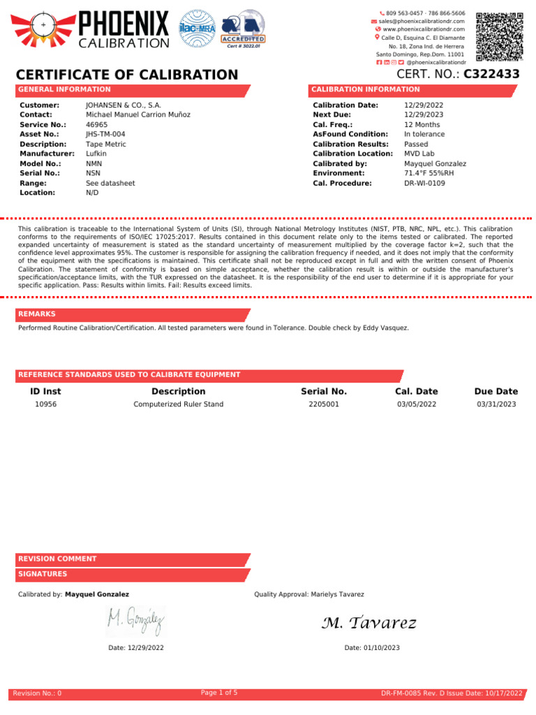 Certificate of Calibration: CERT. NO.: C322433 | PDF | Calibration | Metrology