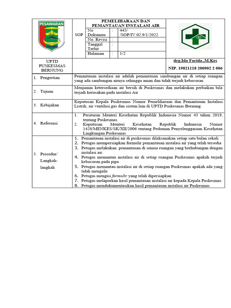 SOP Pemeliharaan Dan Pemantauan Instalasi Air | PDF | Griya & Taman | Sains & Matematika