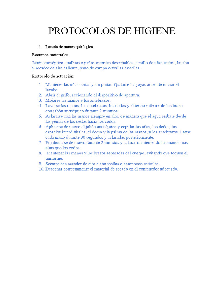 PROTOCOLOS DE HIGIENE | PDF | Cama | Lavado de manos