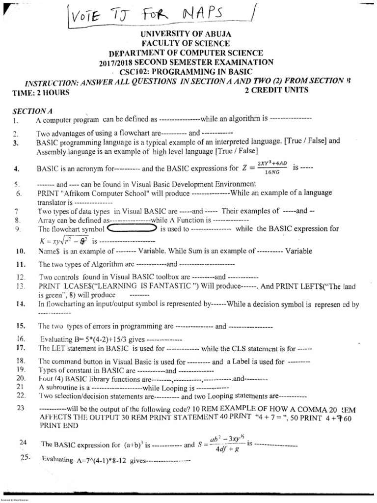 CSC 102 Exam Past Question Solutions by TJ 4 Naps | PDF