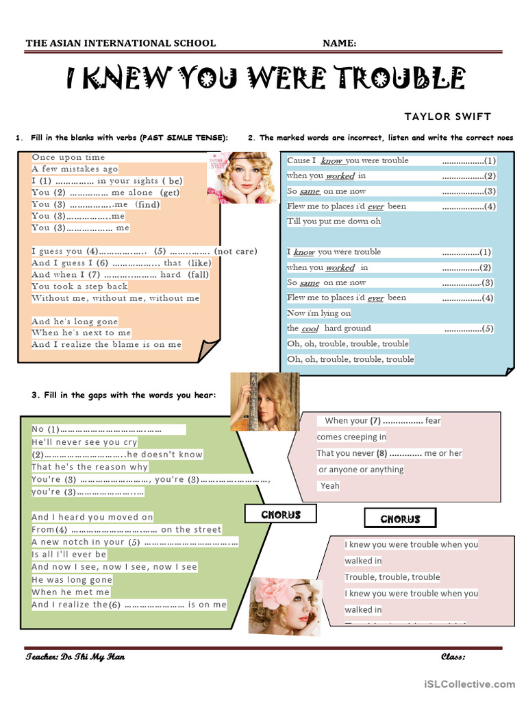 Taylor Swift's "I Knew You Were Trouble" Activities | PDF | Language ...