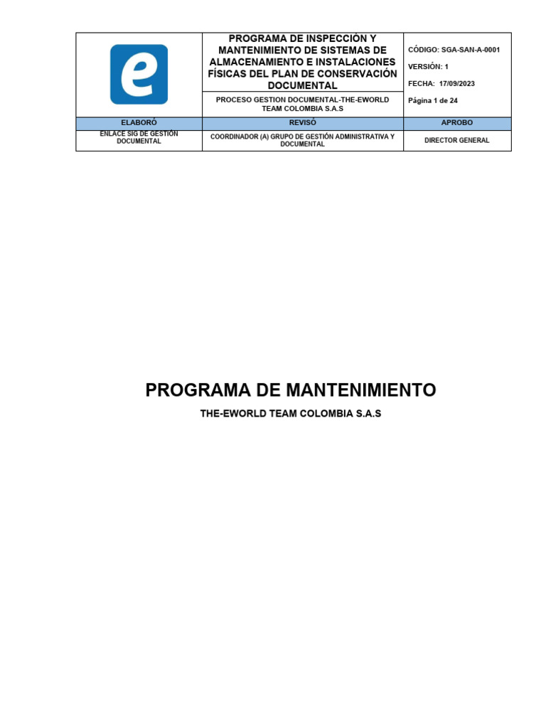 Programa de Inspección y Mantenimiento de Sistemas de Almacenamiento e Instalaciones Físicas Del ...